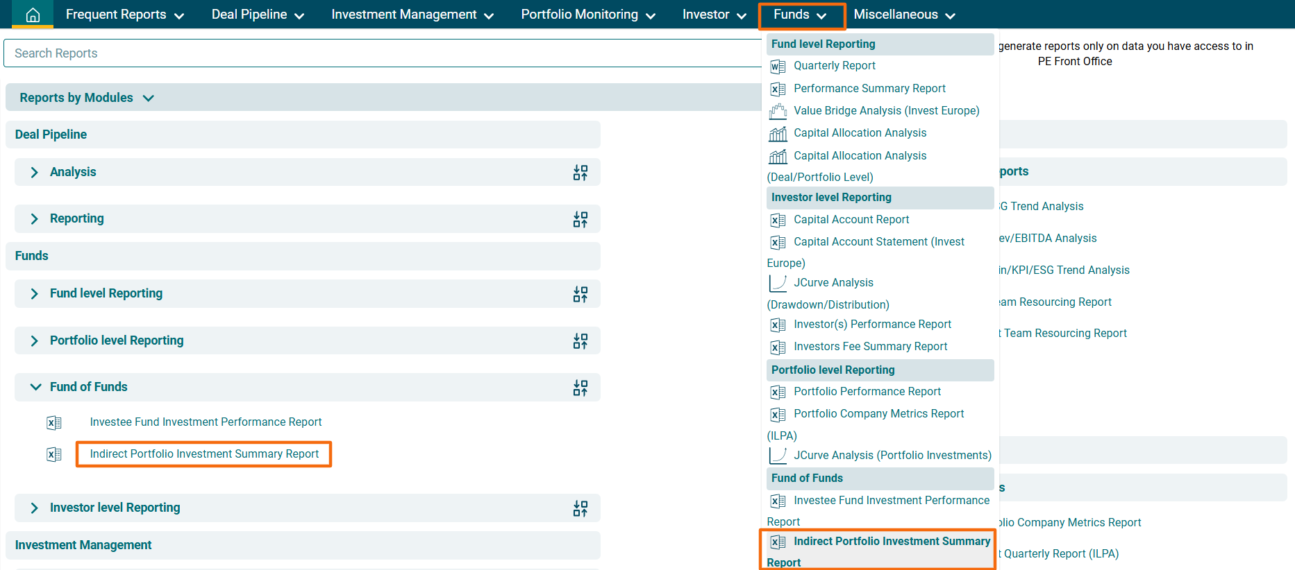 Indirect Portfolio Investment Summary Report - Reports and Analytics